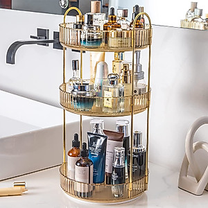 shuang qing Rotating Makeup Organizer for Vanity 3 Tier, High-Capacity Skincare Clear Make Up Storage Perfume Organizers Cosmetic Dresser Organizer Countertop 360 Spinning （Gold）