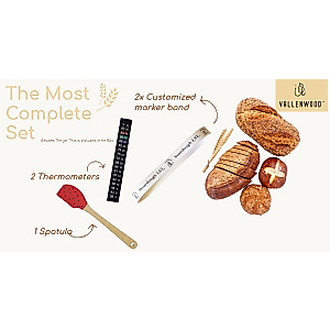 VALLENWOOD Sourdough Set: Clear Thicker Glass Jar 34oz, 1L With Lid. Plus Silicone Band Level Tag, Thermometer With Magnetic Strip And Spatula. For Fermenting. For Starter (Circular)