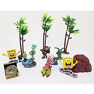 Birthday Celebrations Spongebob Squarepants 2" Figure Play Set of 14 Featuring Squidward, Sandy Cheeks, Patrick Star, Mr. Krabs, Plankten with Palm Trees, Treasure Chest and More (Unique Design)