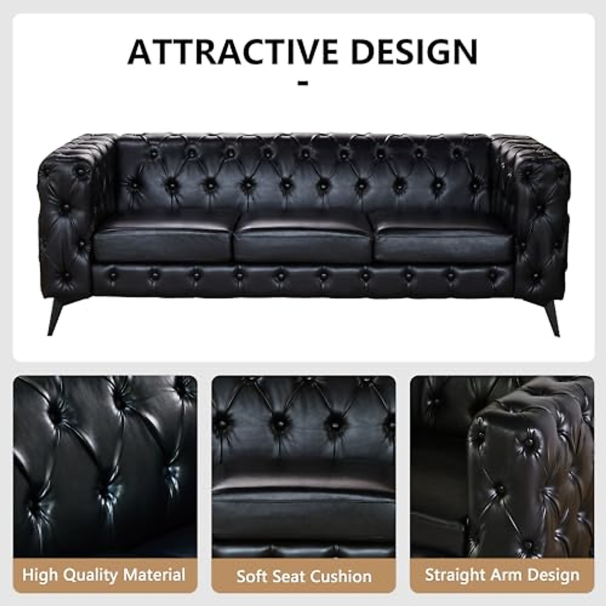 Chesterfield Sofa, Modern Faux Leather Button Tufted Accent Couch with Square Arms and Metal Legs for Living Room, Bedroom, Office, Apartment (Black)