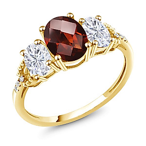 Gem Stone King 10K Yellow Gold Red Garnet White Moissanite and Diamond Accent 3-Stone Engagement Ring For Women | 2.58 Cttw | Gemstone Birthstone | Size 5,6,7,8,9
