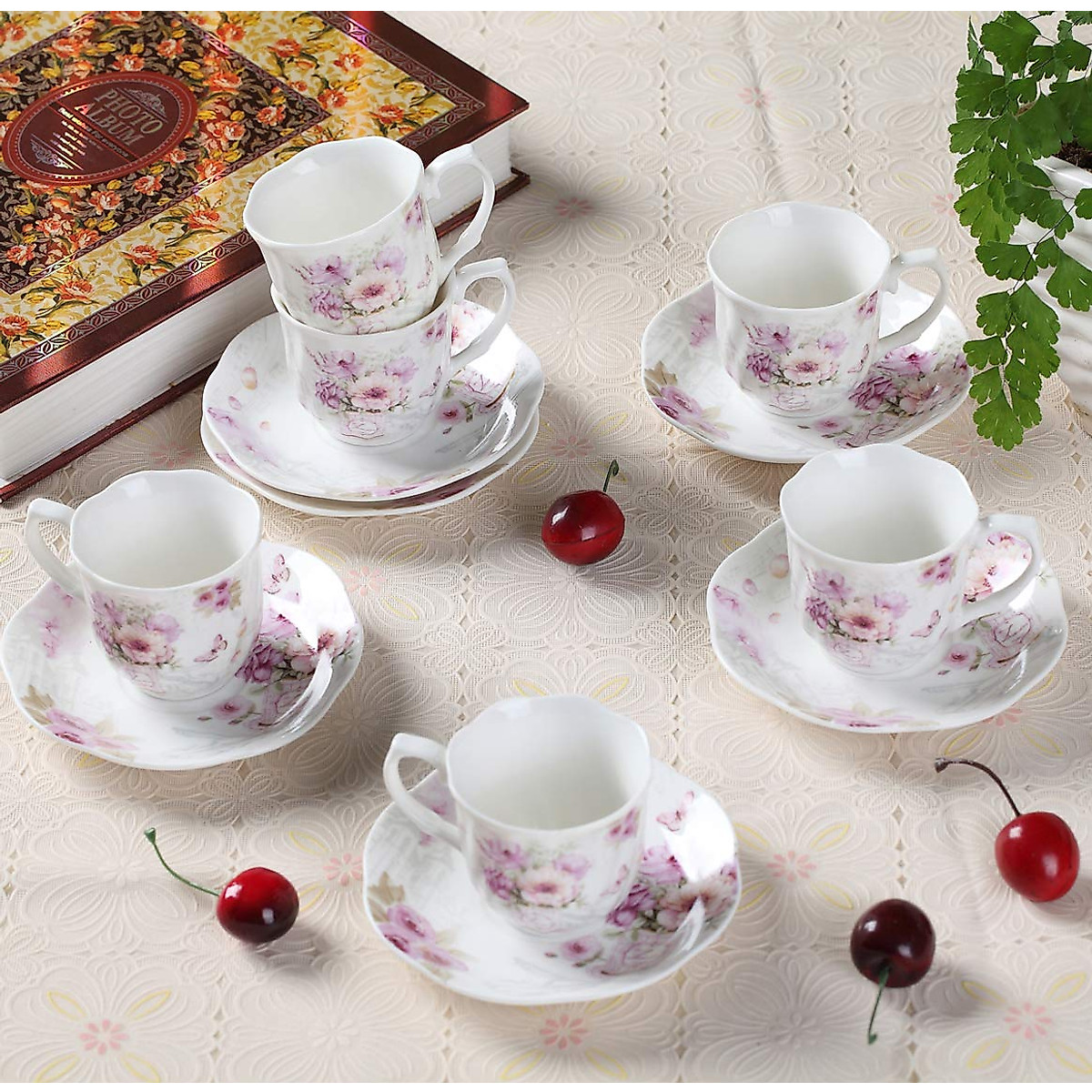 GuangYang （Tiny Size）Fine Porcelain Mini Espresso Turkish Cups and Saucers Set, 2 Ounces or 80cc,in Gift Box
