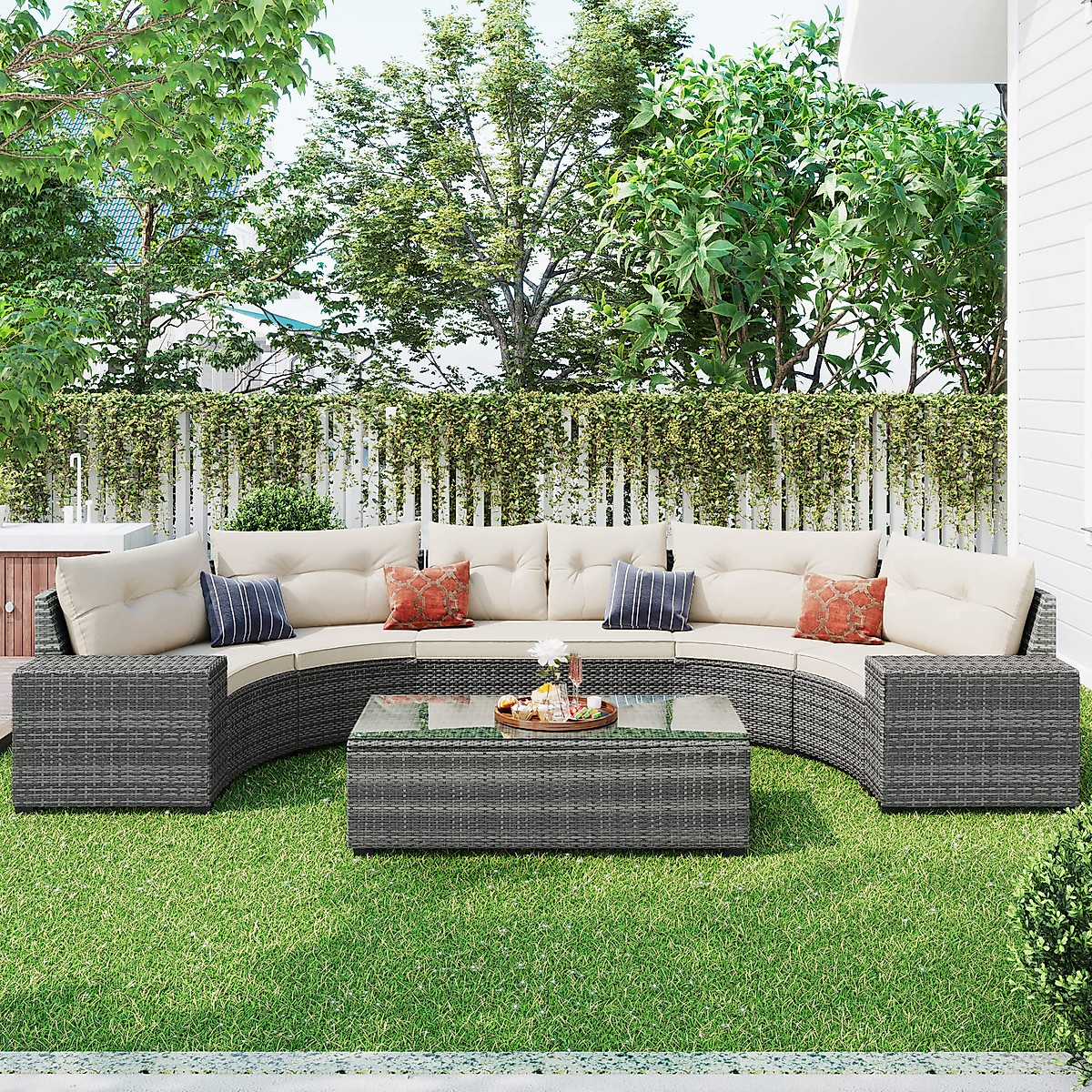 GLORHOME Half-Moon Outdoor Wicker Sofa Set 8-Piece Patio Furniture with Movable Cushion Coffee Table, Water-Resistant and UV Protected PE Rattan, Beige