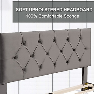 Full Size Velvet Upholstered Platform Bed Frames with Large Storage Drawer and Adjustable Headboard, Wood Slat Support for Bedroom Boys Girls Teens Adults, No Box Spring Needed (Full, Grey)