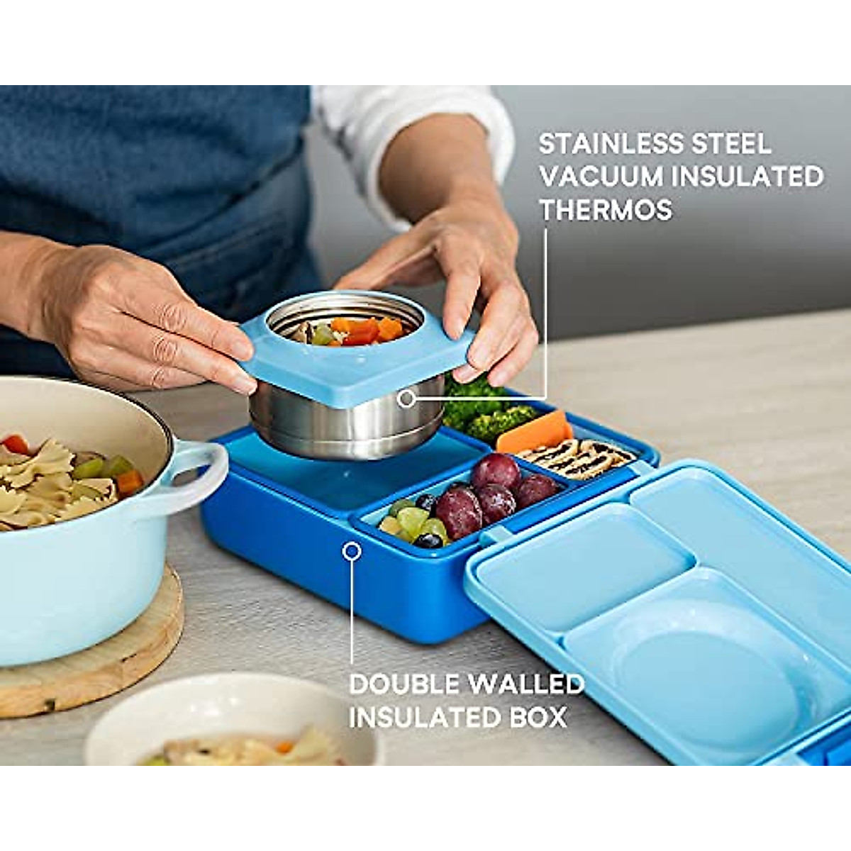 OmieBox Bento Box for Kids Insulated Bento Lunch Box with Leak Proof Thermos Food Jar, 3 Compartments + Mint Green Utensil Set with Case