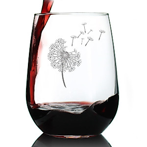 Dandelion Stemless Wine Glass - Friendship Gifts and Dandelion Flowers Decor for New Beginnings - Large 17 Oz Glasses