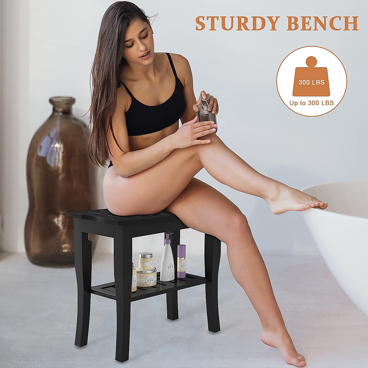 Domax Bamboo Shower Benches for Inside Shower - Bathroom Bench Seat Waterproof Wooden Shower Stool with Storage Shelf for Adults Elderly Seniors Wood Shower Chair for Bathtub or Small Spaces, Black