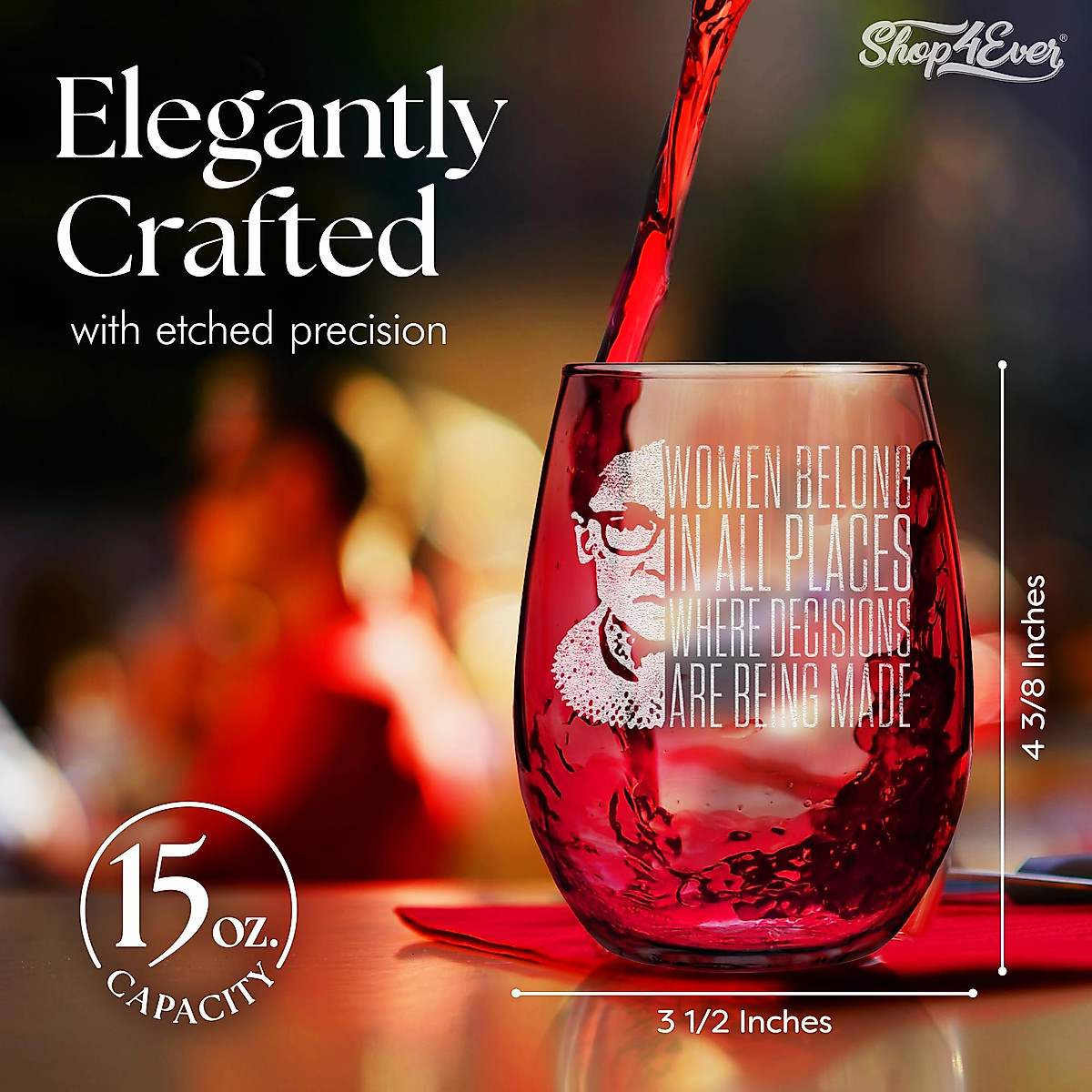shop4ever Women Belong In All Places Where Decisions Are Being Made Engraved Stemless Wine Glass Ruth Bader Ginsburg RBG Wine Glass