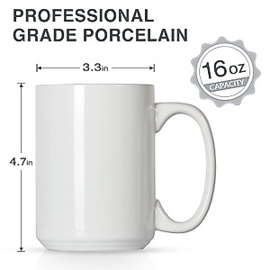 16 OZ Porcelain Coffee Mugs, Smilatte Classic Blank Ceramic Cup with Large Handle for Tea Latte Cappuccino, Set of 4, White