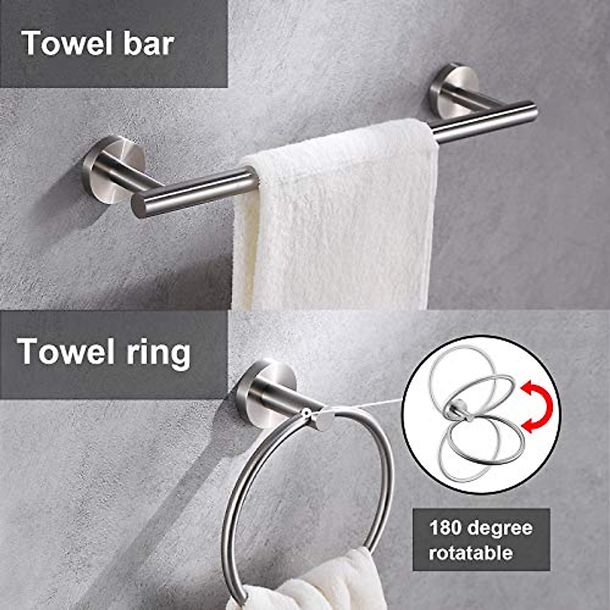 5 Pieces Brushed Nickel Bathroom Hardware Set Include 16inch Towel Bar,2pcsTowel Hooks,Toilet Paper Holder,Hand Towel Ring Round SUS304 Stainless Steel Bathroom Accessories Set Heavy Duty Wall Mounted