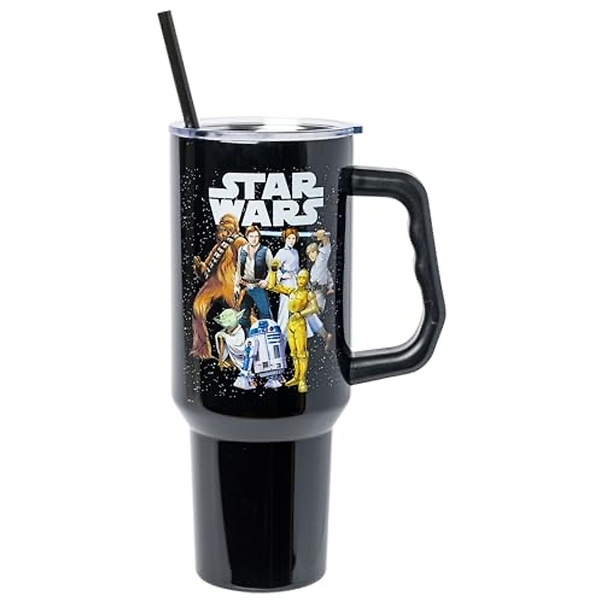 Silver Buffalo Star Wars Featuring Chewbacca, Yoda, R2-D2, C-3PO, Princess Leia, Han Solo, and Luke Skywalker Stainless Steel Tumbler with Handle and Straw, Fits in Standard Cup Holder, 40 Ounces