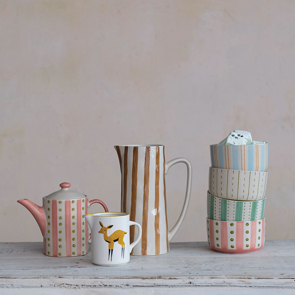 Creative Co-Op Hand-Painted Stoneware Stripes, Multicolor Pitcher, Multi