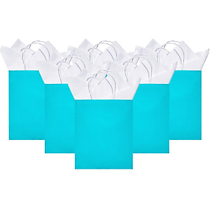 DjinnGlory 50 Pack Medium Size Teal Blue Paper Gift Bags with Handles 10x8x4 Inch and 50 White Tissue Paper for Small Business Wedding Bridal Baby Shower Birthday Party Favors Goodies