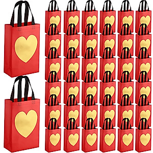 48 Pcs Red Gift Bag with Shiny Gold Heart Print Reusable Gift Bags with Handles Non Woven Red Tote Bag for Wedding Birthday Bridal Shower Engagements Party Anniversaries, 8 x 12 x 4 Inch(null)