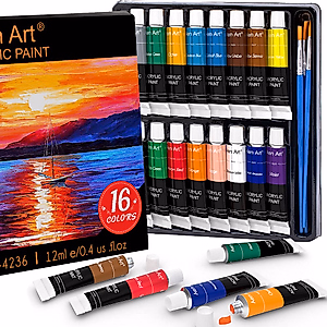 Acrylic Paint Set, Aen Art 16 Colors Painting Supplies for Canvas Wood Fabric Ceramic Crafts, Non Toxic&Rich Pigments for Beginners
