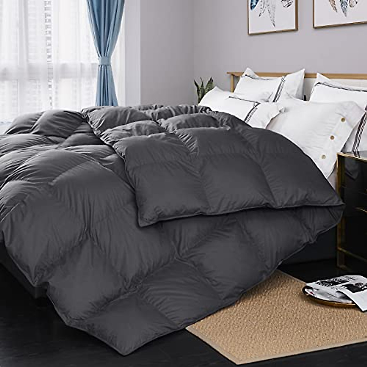 Acrafsman All Season Down Comforter King Size,Luxurious Hotel Collection Duvet Insert with Corner Tabs,Noiseless,Medium Warm,Dark Grey,106x90 Inches
