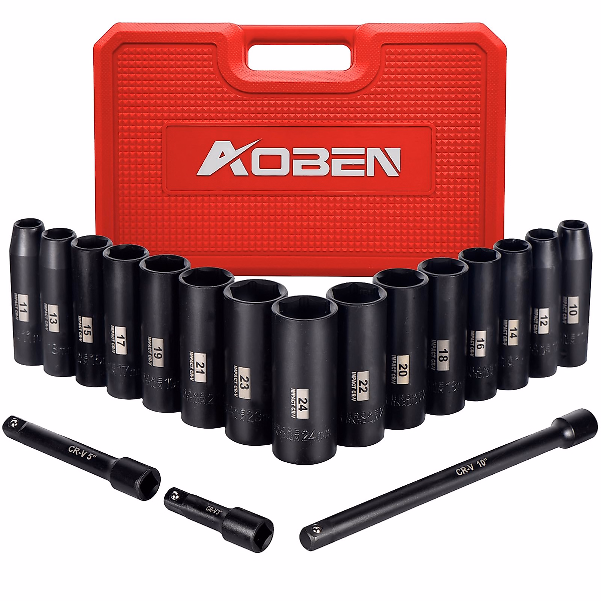 AOBEN 1/2-Inch Drive Impact Socket Set, 18 Pieces, 6 Point, Metric, 10mm - 24mm, Deep, Cr-V Steel, Includes 3", 5", 10" Extension bars