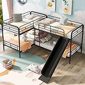 TARTOP L-Shaped Bunk Beds with Slide and Ladder, Metal Quad Bunk Beds, 4 in 1 Twin Size Bunk Bed for Kids, Teens, Adults,Black