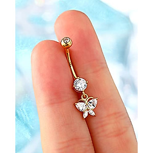 Melighting Gold Belly Rings 14K Solid Gold Butterfly Belly Button Rings for Women Gold Dangle Belly Piercing Clear CZ Gold Navel Rings for Woman Body Piercing Jewelry