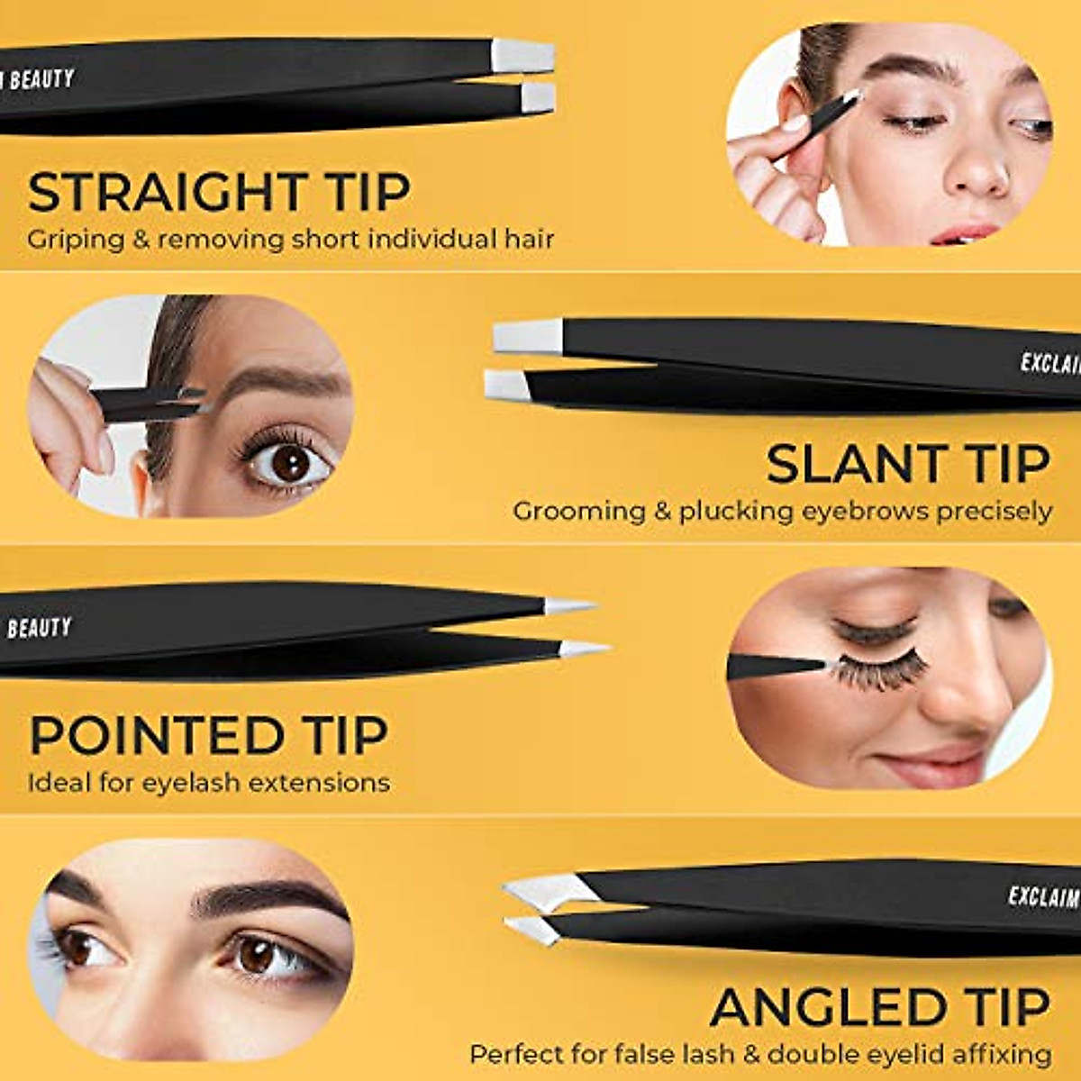 EXCLAIM BEAUTY Tweezers for Women & Men Pack of 4 Stainless Steel Tweezers Set, Precision Tweezers for Eyebrows Splinter Ingrown Hair Removal Tweezers Kit for Women with Leather Case – Matte Black