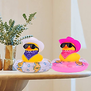 MuMyer Yellow Duck Car Ornaments Rubber Duck Car Dashboard Decorations with Mini Sunglasses Cowboy Hat Scarf Swim Ring(Pink)