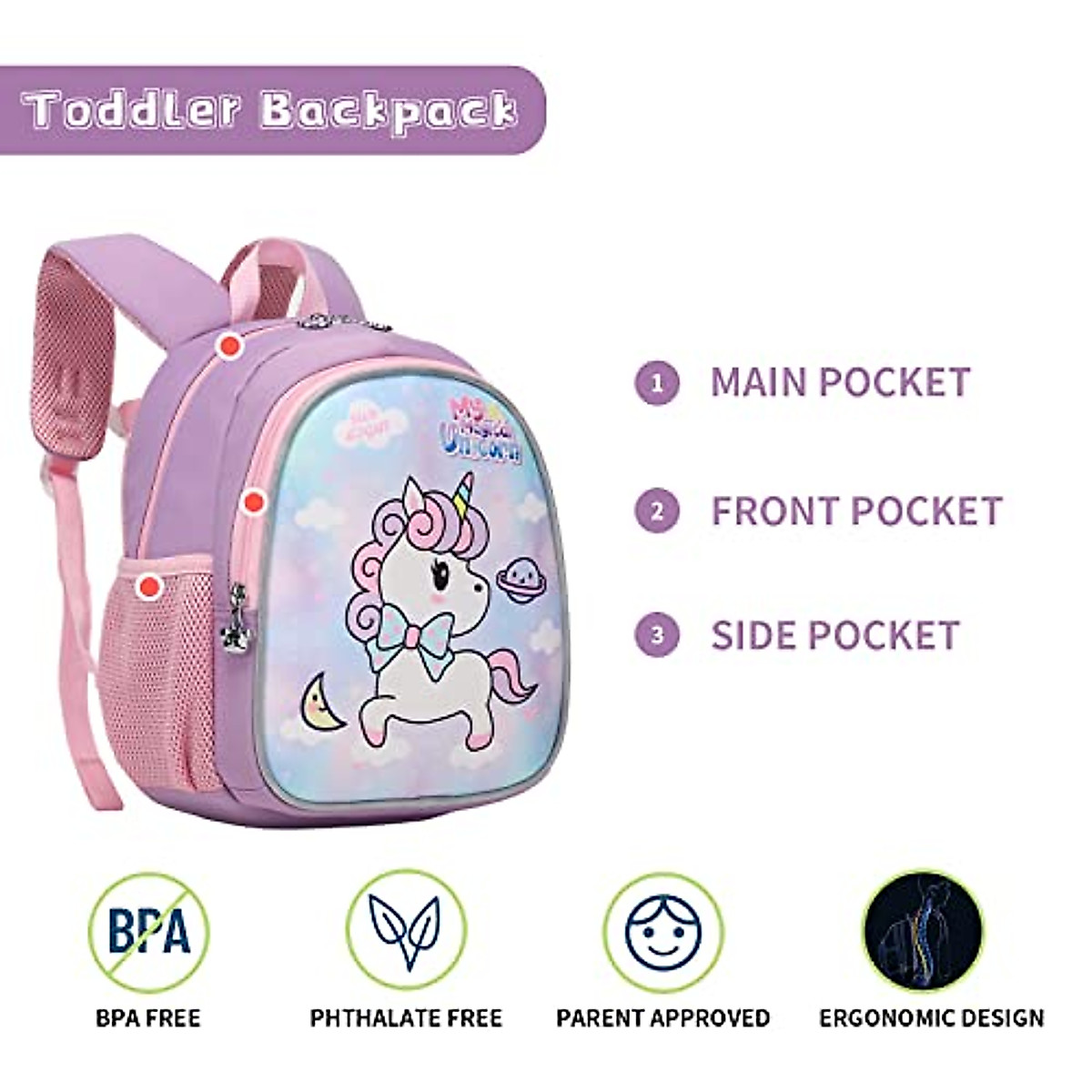 Tanou Toddler Backpack for Girls, 11 Inch Kids Backpacks for Preschool Kindergarten, Cute Cartoon Animal Style School Bag for Little Kids Aged 1-3 Years, Purple Unicorn