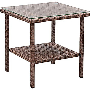 Valita Outdoor PE Wicker Side Table Glass Top Garden Poolside Small Patio Rattan Furniture Square End Table, Brown
