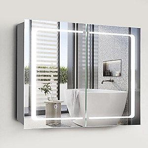 Movo Lighted Bathroom Mirrored Medicine Cabinet,24 x 32 Inch Surface Mount Medicine Cabinet with Mirror and LED Light,Double Doors Bathroom Cabinet with Storage Shelves,3-Color Temper Lights
