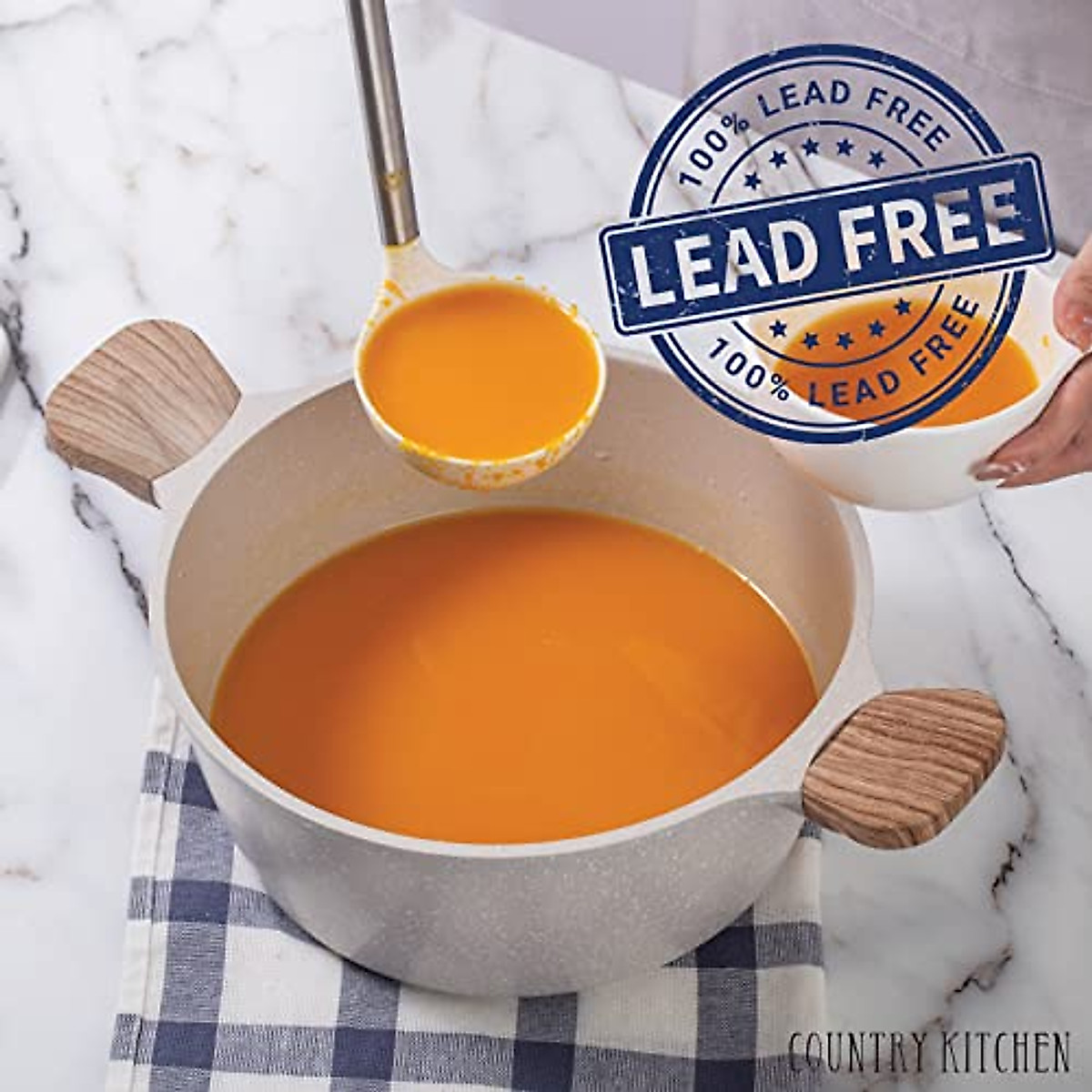 Country Kitchen Nonstick Induction Cookware Sets - 11 Piece Nonstick Cast Aluminum Pots and Pans with BAKELITE Handles - Induction Pots and Pans with Glass Lids -Cream