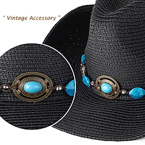 Lisianthus Straw Cowboy Hat for Women & Men Western Cowgirl Hat with Wide Brim Blue Bead-Black