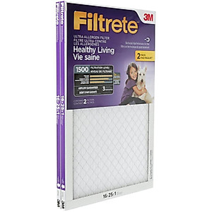 Filtrete 16x25x1 Air Filter, MPR 1500, MERV 12, Healthy Living Ultra-Allergen 3-Month Pleated 1-Inch Air Filters, 2 Filters