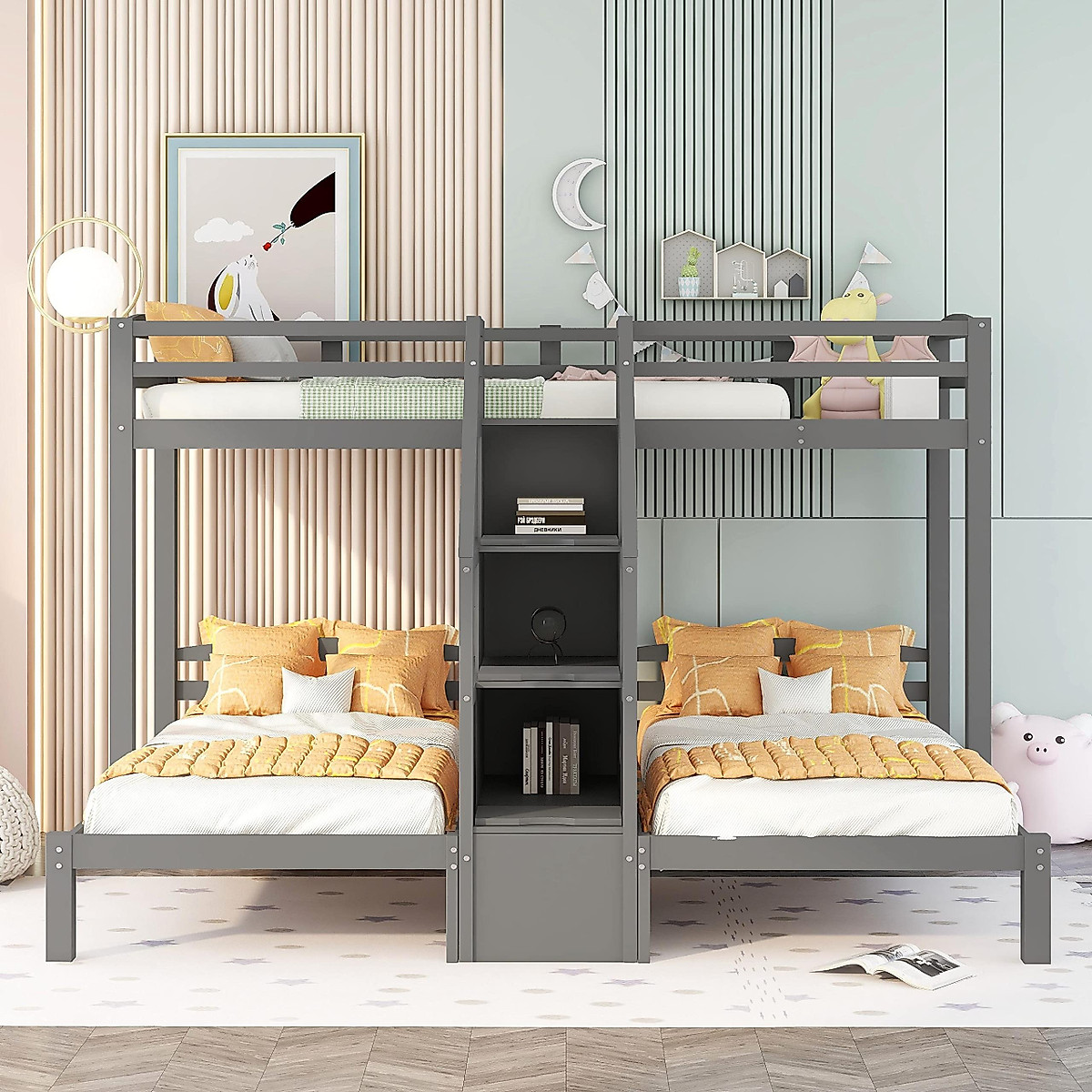 Bellemave Twin Over Twin Bunk Bed for 3, Wood Triple Bunk Beds with Stairs, 3 Bunk Beds with Storage for 3 Kids, Boys, Girls, Teens, Adults No Box Spring Needed (Gray)