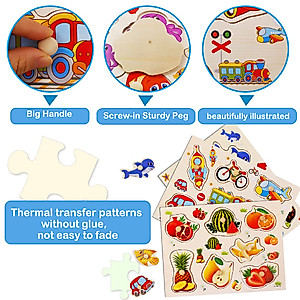 Wooden Peg Puzzles for Toddlers, 3 Pack Ocean Transportation Fruit Puzzles for Kids 1-3 Years Old, Early Educational Preschool Learning Puzzles Toys for Boys and Girls Ages 1 2 3 4 5
