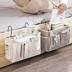 KonHaovF 2Pack Bedside Organizer Caddy Hanging with Hook, Bed Storage Pocket for Dorm Kids Room Top Bunk Bed Loft Bed, Bedside Storage for Phone Remote Control Laptop Books (White)