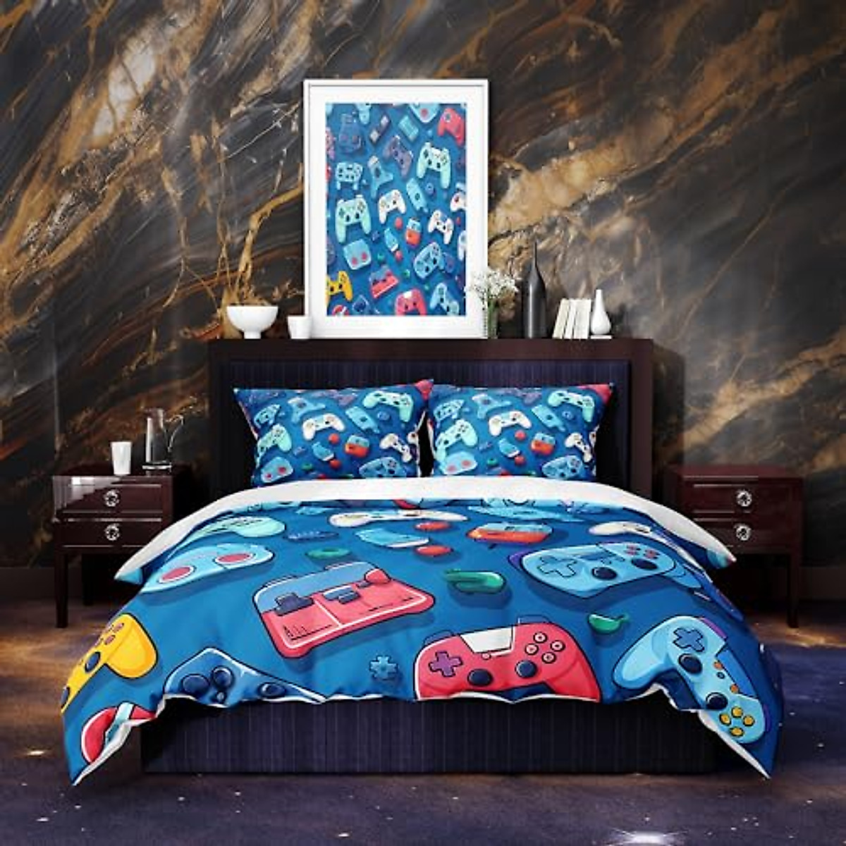Placitiume Kids Gamer Duvet Cover Set Video Game Controller Comforter Cover Set - Youth Gaming Console Comforter Cover with 2 Pillowcases - Ideal for Gamer Room Decor Bedroom Bed Decor, No Comforter