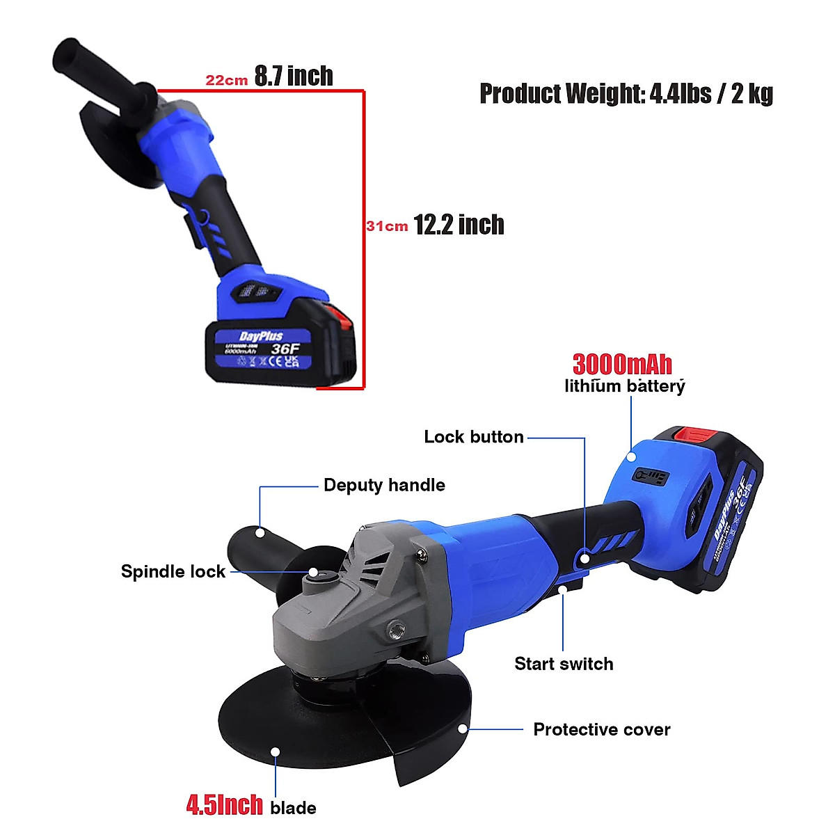 Cordless Angle Grinder 4.5 Inch, 10000 RPM, with 3000mAh Battery, Grinding Wheel, Cutting Wheels, Side Handle, Goggles, Storage bag, Lightweight Compact Electric Grinder for Cutting Grinding
