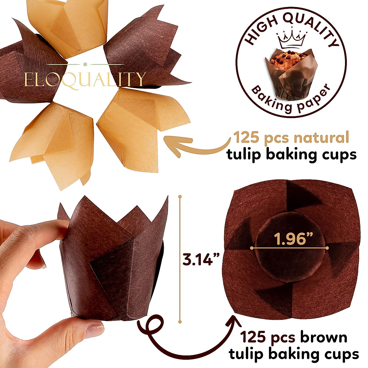 Baking Cups Cupcake Wrappers Set - 250 Pcs Brown Greaseproof Tulip Paper Cake Tin Liners and Natural Color Tulip Baking Parchment Papers for Muffins Cupcakes Mini Snacks Wedding Birthday Party
