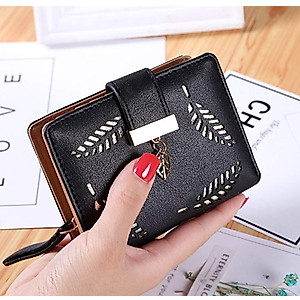 YaJaMa Women's Leaf Short Bifold Wallet Leather Credit Card Holder Case Clutch (Short Black)