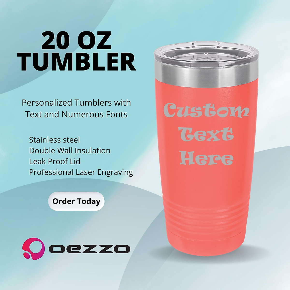 OEZZO Coral Customized Tumblers, Double Wall Personalized Bottles, Laser Engraved Text for Special Holidays, Birthdays, Anniversaries, Travel Mugs for Coffee (Coral, 20oz)
