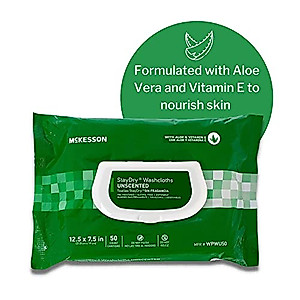 McKesson StayDry Washcloths, Disposable - for All-Over Body Use, Pre-Moistened with Aloe and Vitamin E - Unscented, 7 1/2 in x 12 1/2 in, 50 Wipes, 12 Packs, 600 Total