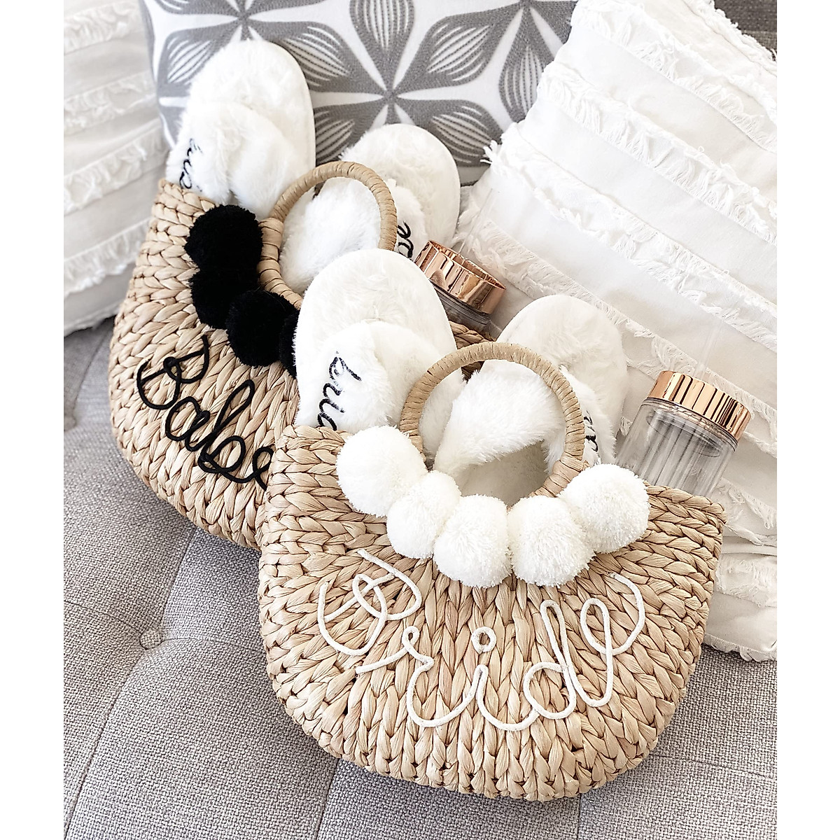 ModParty Bride Straw Purse | Honeymoon Bridal Shower Gift for Bride to Be | Handmade Summer Beach Tote Bag | Bride Bachelorette Party Outfit Essential | Straw Purse & Pom Poms