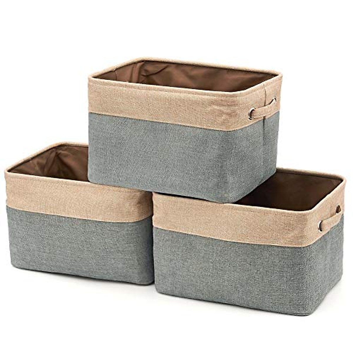 EZOWare Set of 3 Canvas Fabric Tweed Storage Organizer Cube Set W/Handles for Nursery Kids Toddlers Nursery Room - 15 L x 10.5 W x 9.4 H -Gray/Brown