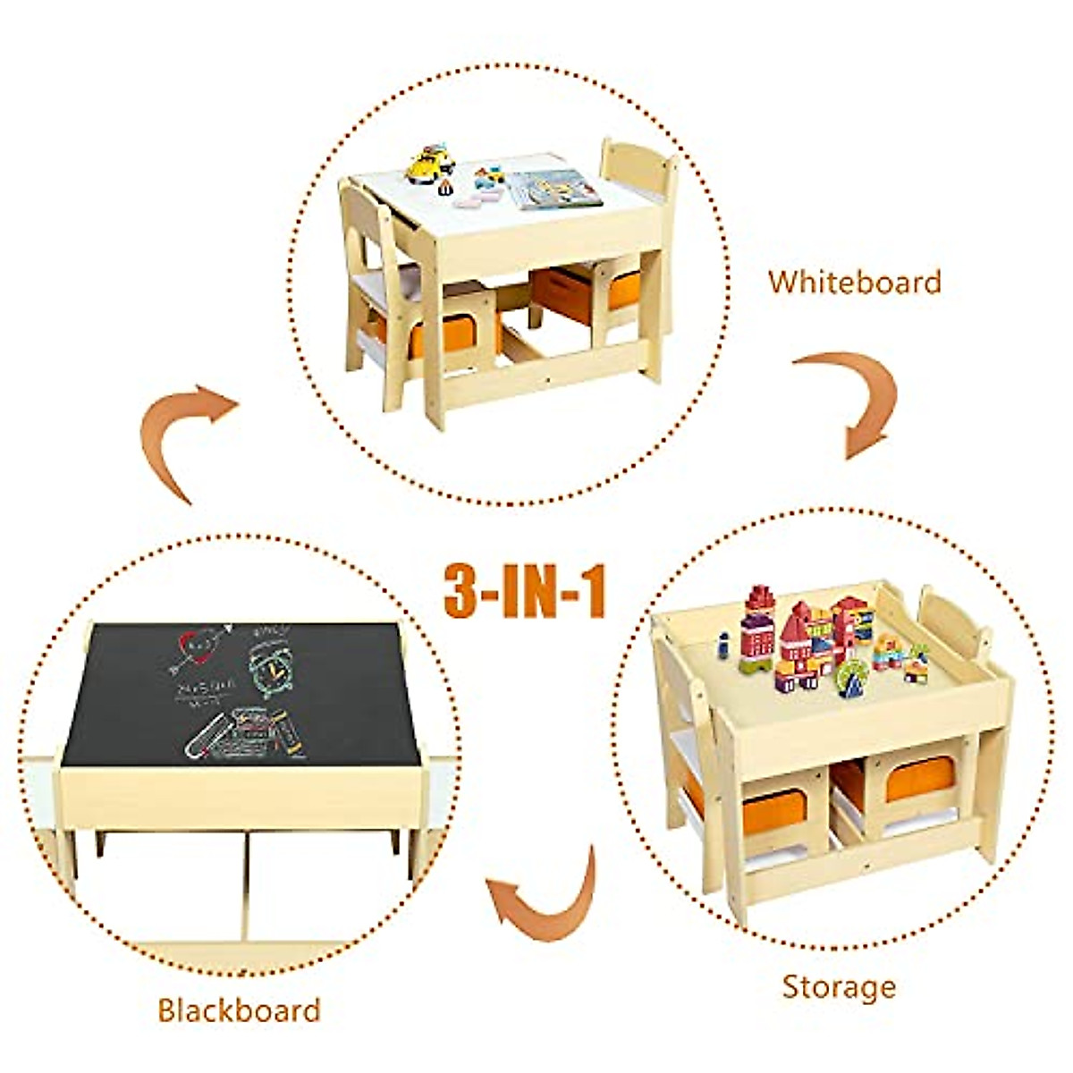 Kinlife Kids Table and Chair Set - 3 in 1 Wood Activity Table and 2 Chairs,Toddlers Arts Crafts Drawing Reading Playroom, Tabletop Storage Space Gift for Boys & Girls