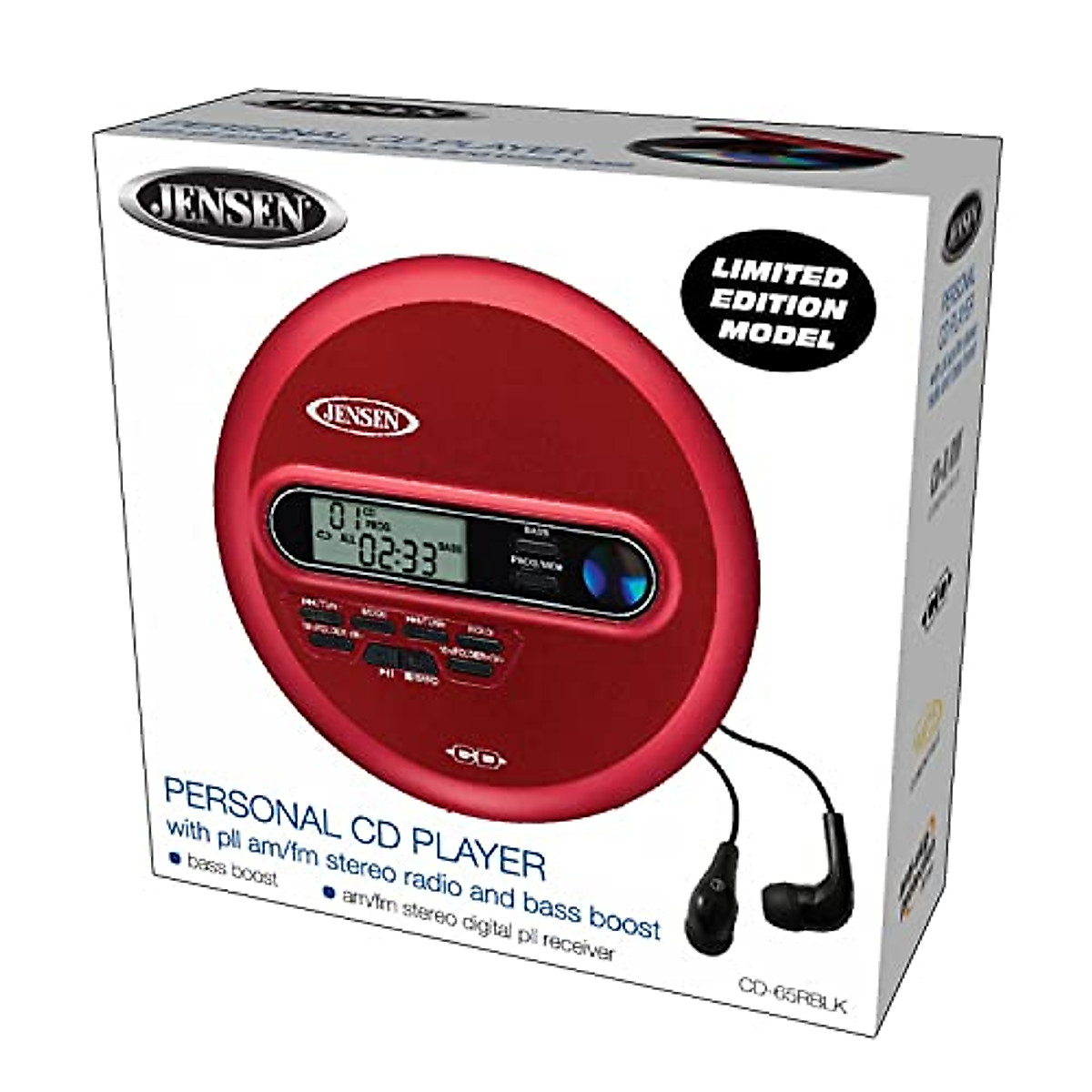 Jensen CD-65 Portable Personal CD Player CD/MP3 Player + Digital AM/FM Radio + with LCD Display Bass Boost 60-Second Anti Skip CD R/RW/Compatible Sport Earbuds Included