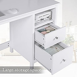 Vikiullf White Writing Desk with Drawers - 47” Modern Home Office Study Computer Desk with Storage Cabinet & Open Shelf, Simple Vanity Table for Bedroom