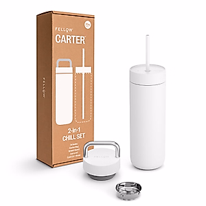 Fellow 20 oz Carter Water Bottle with 2 Lids - Leak-Proof Lid with Metal Handle - Cold Lid with Straw - Ceramic Interior & Vacuum-Insulated Stainless Steel - Matte White