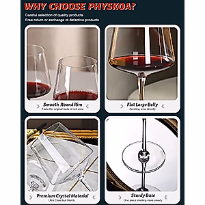 Physkoa Wine glasses set of 4 - Modern wine glasses with tall long stem, Crystal Square wine glasses with flat bottom,Big wine glasses for full-bodied wine,Wine gifts for Wedding,Bridal Shower 21OZ