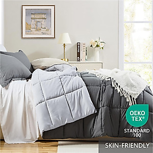 Homelike Moment Queen Comforter Set Grey, Comforters Queen Size Set, Soft Lightweight Down Alternative Bed Comforter Full Size Reversible All Season 3 Pieces Bedding Sets Grey/Light Gray