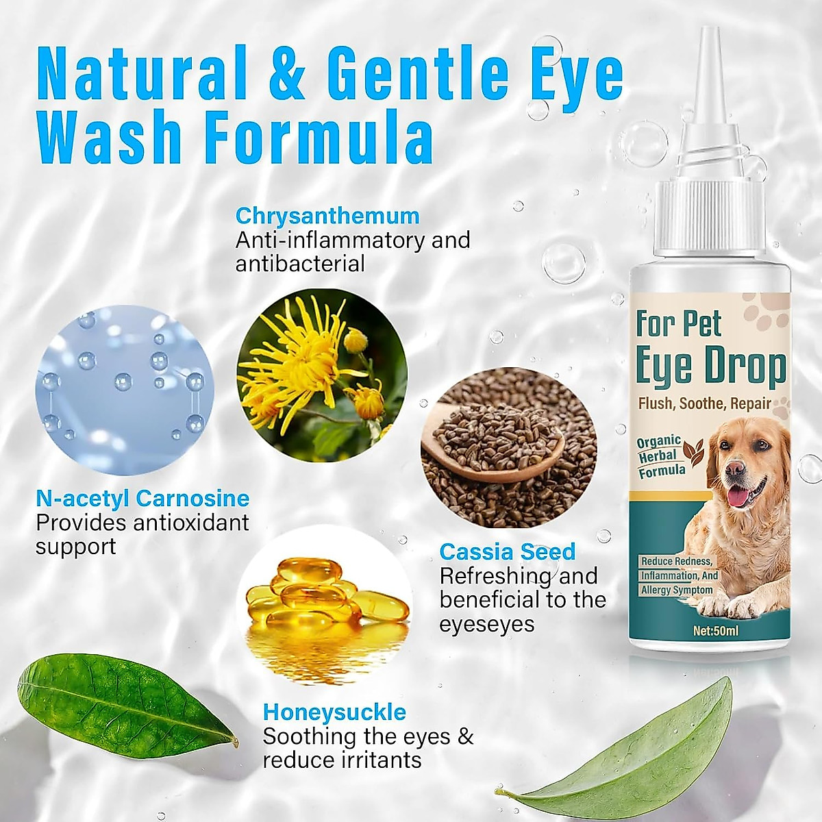 Dog Eye Drops, Natural Eye Wash Eye Rinse for Dogs Relief Dry Eyes/Pink Eye & Tear Stains, Soothe Eye Allergies Problems