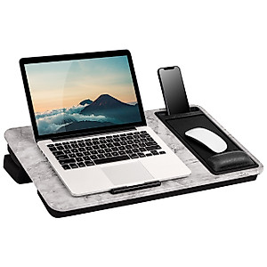 LAPGEAR Extra Large Adjustable Lap Desk with Gel Wrist Rest, Mouse Pad, Phone Holder, Device Ledge, and Booster Cushion - White Marble - Fits up to 17.3 Inch Laptops - Style No. 88101